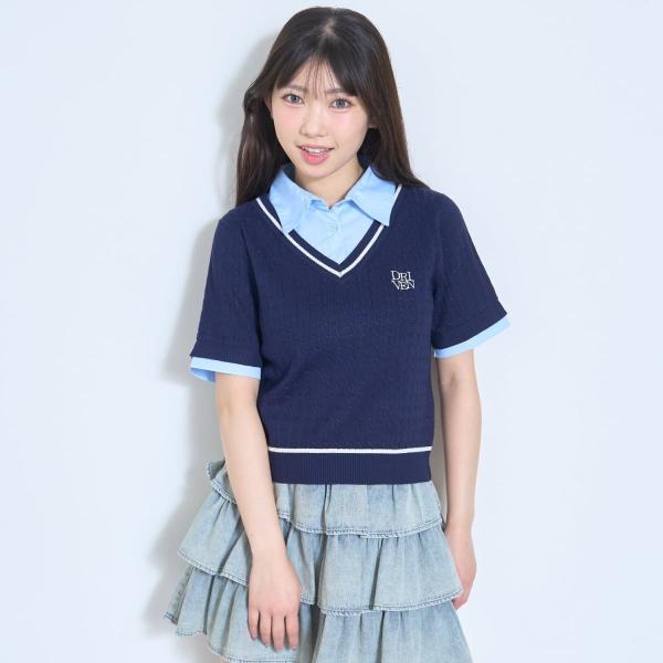 型番：8361232ブランド：ラブトキシック商品名：【洗える】フェイクレイヤード半袖ニットシャツカラー：アイボリー/紺/グレー