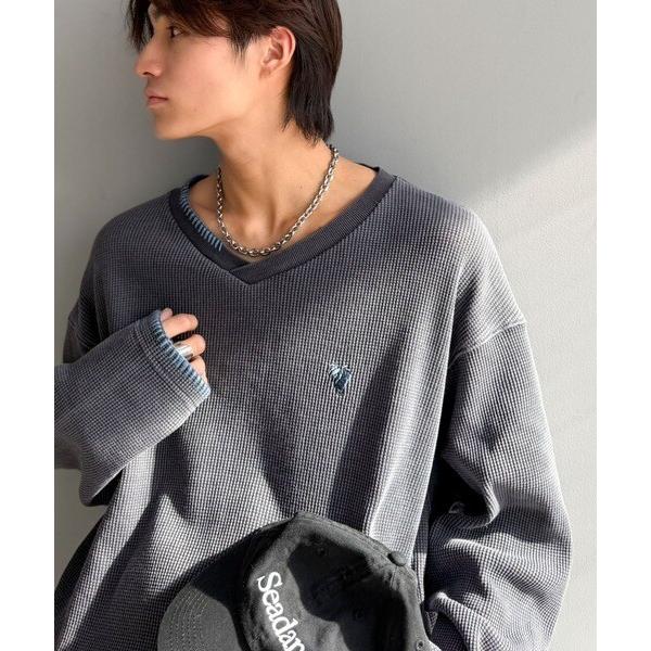 型番：JO1150086ブランド：クラシカルエルフ商品名：《JaVaジャバコラボ》裾ドロスト付きピグメント加工ステッチ配色VネックTシャツカラー：チャコールグレー/ブラウン