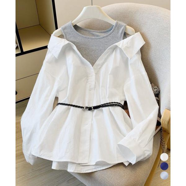 型番：90QINGQING-001ブランド：ミニミニストア商品名：オフショルダーシャツタンクトップ重ね着風カラー：ライトブルー/ホワイト/ネイビー