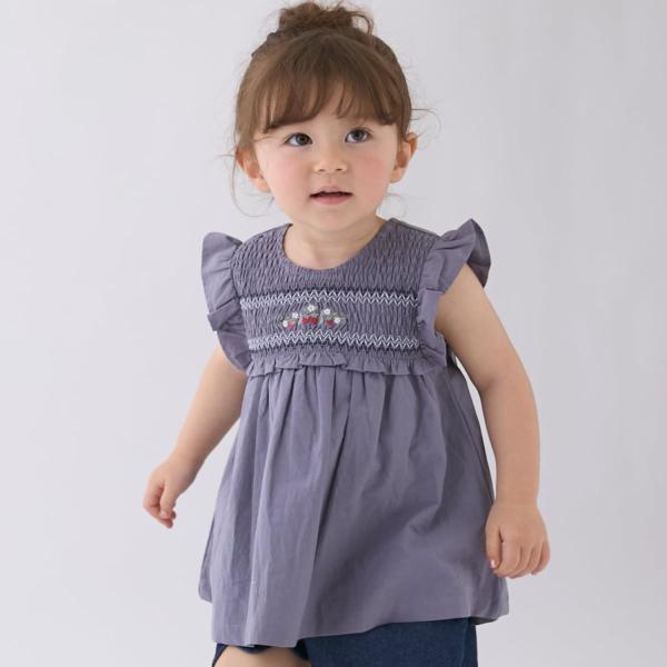 型番：9662212ブランド：プティマイン商品名：【リンク】いちご刺しゅうシャーリングチュニックカラー：ブルー　グレー/オフ　ホワイト/ライト　ピンク