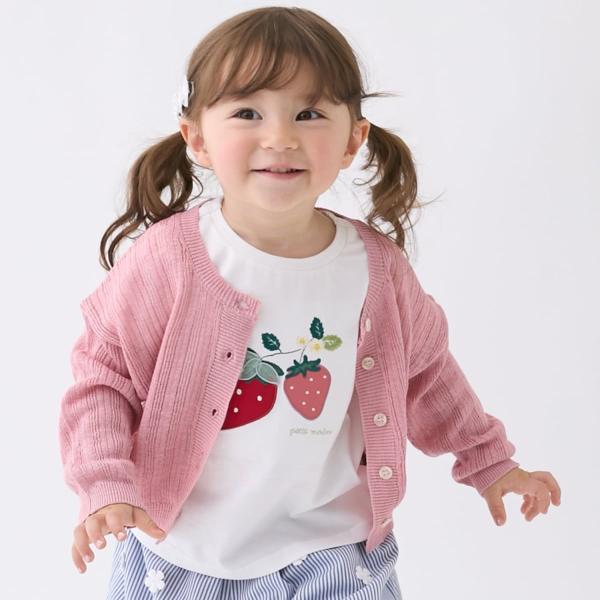 型番：9662231ブランド：プティマイン商品名：シアーカーディガンカラー：チェリー　ピンク/生成/ライト　ブルー