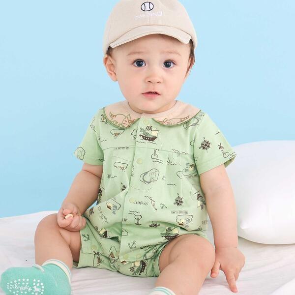 型番：1837-82694ブランド：スラップスリップ ベビー商品名：【お揃い】襟モチーフ総柄ロンパースベビー(60~80cm)カラー：ホワイト系/グリーン系