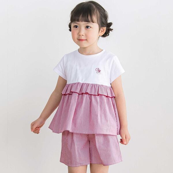 型番：1202-82511ブランド：ベベ プチ ポワ ヴェール商品名：【店舗限定】ストライプ切り替えトップス＋ショートパンツセットアップ(95〜150cm)カラー：レッド系/ネイビー系