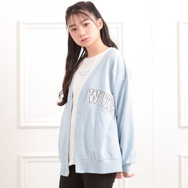 型番：6761212ブランド：ピンクラテ商品名：Vネックカレッジアップリケ裏毛カーディガンカラー：サックス/黒/ライト　グレー