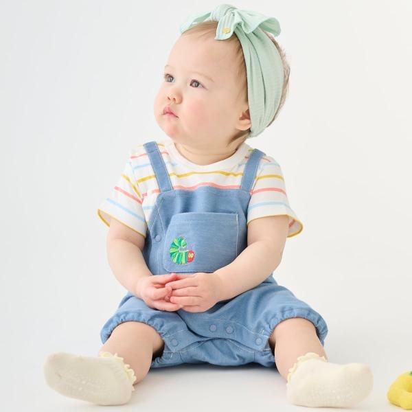 型番：9562505ブランド：プティマイン商品名：【はらぺこあおむし】サロペ風カバーオールカラー：ブルー/オフ　ホワイト