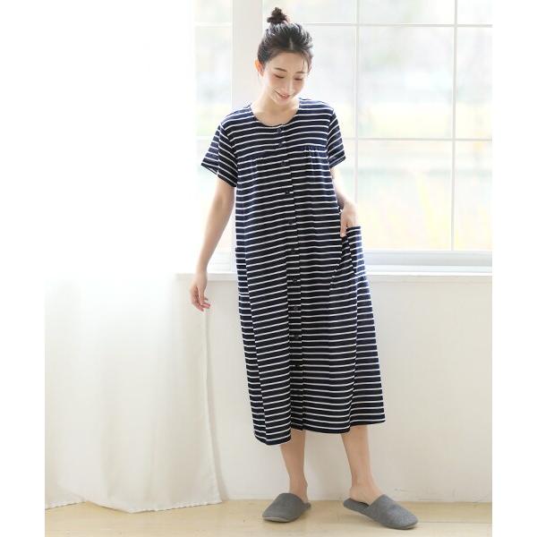 型番：2529536ブランド：犬印マタニティ＆ベビー商品名：やわらかガーゼシームレスネグリジェ | マタニティウェア・授乳服カラー：グリーン/ネイビー