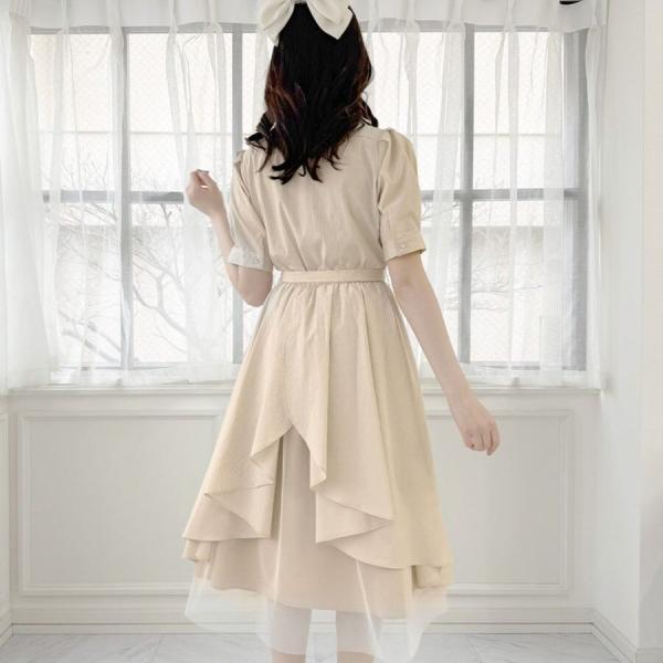 型番：57AE02g011ブランド：フィント商品名：バックラッフルストライプシャツワンピース　洗えるカラー：L/BLUE×WH/BEIGE×WH