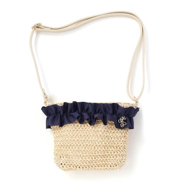 型番：1734-83017ブランド：タルティーヌ エ ショコラ商品名：【お揃い】麦わら見えフリルデザイン ペーパーショルダーバッグカラー：ホワイト/ネイビー