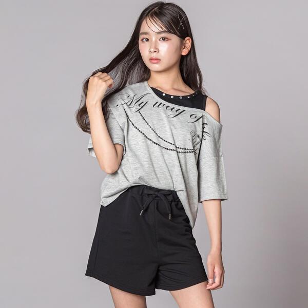 型番：1222-84009ブランド：ジディ商品名：オフショルダー半袖Tシャツ＆パンツセット(130~160cm)カラー：ブラック/グレー