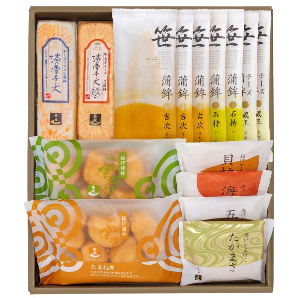 笹かまぼこ：5枚（吉次3枚・石持2枚）チーズ笹かまぼこ：蔵王2枚揚げかまぼこ：4枚（たかまさ1枚・五目1枚・海老1枚・貝柱1枚）ぷちあげ：2袋（たまねぎ1袋・やさい1袋）淡雪チーズ1本淡雪チーズめんたいこ1本御歳暮　お歳暮　歳暮　御中元 お...
