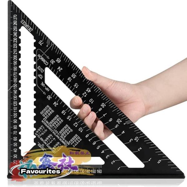 三角定規 木工用 丸鋸定規 30 30cm 両面目盛り 12インチ アルミ合金 ブラック 分度器 45度ケガキ工具 大工道具 測量用品 0-90度 ケガキ工具 木材カット 穴あけ