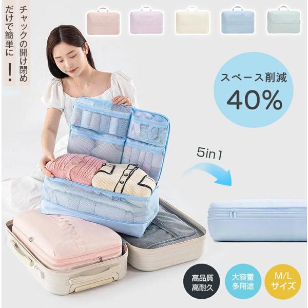商品名 仕切り付き圧縮トラベルポーチ ｜ 5in1仕切り収納 ファスナー圧縮 旅行・出張・帰省に最適素材 ポリエステル（軽量・耐久性に優れる）／メッシュ素材（中身が見える）発送状態 通常発送（折りたたみ・圧縮なし）サイズ＆重さ 5in1 L...