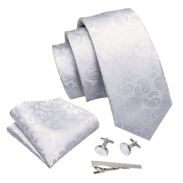 ネクタイ ポケットチーフ カフスボタン タイピン 4点セット同色のネクタイ ポケットチーフ カフスボタンに、シンプルなタイピンを合わせたセットです。生地の色は、結婚式や披露宴用のフォーマルな場面で使える、光沢感と高級感のあるホワイトです。柄...