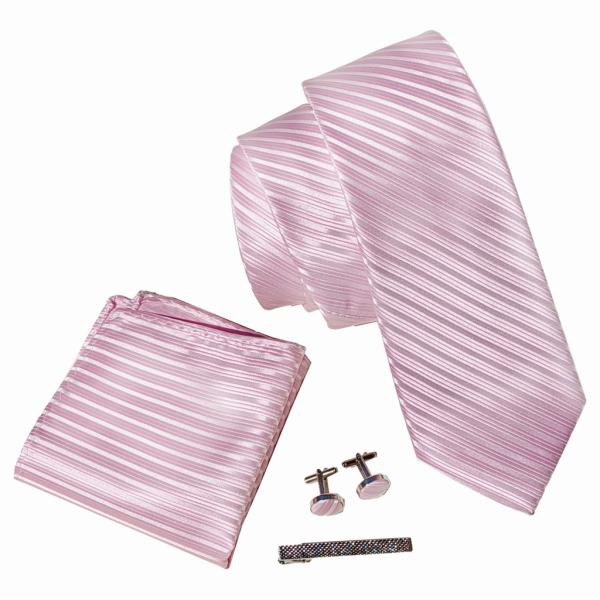 ネクタイ ポケットチーフ カフスボタン タイピン 4点セット同色のネクタイ ポケットチーフ カフスボタンに、シンプルなタイピンを合わせたセットです。生地の色は、披露宴等で使える、華やかな光沢感と高級感のあるピンクストライプです。タイピンは、...