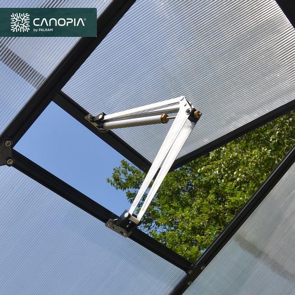 CANOPIAグリーンハウス・ハイブリッドシリーズ専用自動ルーフオープナーです。温室内の気温が上がるとサンルーフが徐々に開き、気温が下がると閉じます。熱で膨張し、冷えると収縮する素材の性質を利用したもので、電気は使いません。メーカー：Pal...