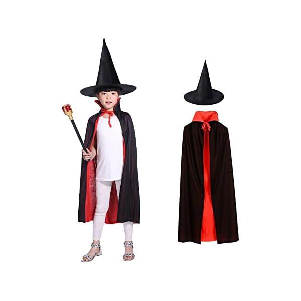 ハロウィンやパーティーに使える子供向けコスチュームです。リバーシブルデザインのマントと帽子がセットになっています。素材はポリエステルで、肌触りが良く軽量です。着丈は約90cmで、推奨身長は120cmから160cmです。赤と黒のリバーシブルカ...