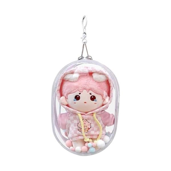 透明なクリアポーチで、20cmサイズのぬいぐるみを収納できる大容量の見せバッグです。ポンポンボールとキーホルダーが付属しています。PVC素材を使用しており、丈夫で黄ばみにくい特性があります。サイズは約23cm×16cm×9cmです。お出かけ...