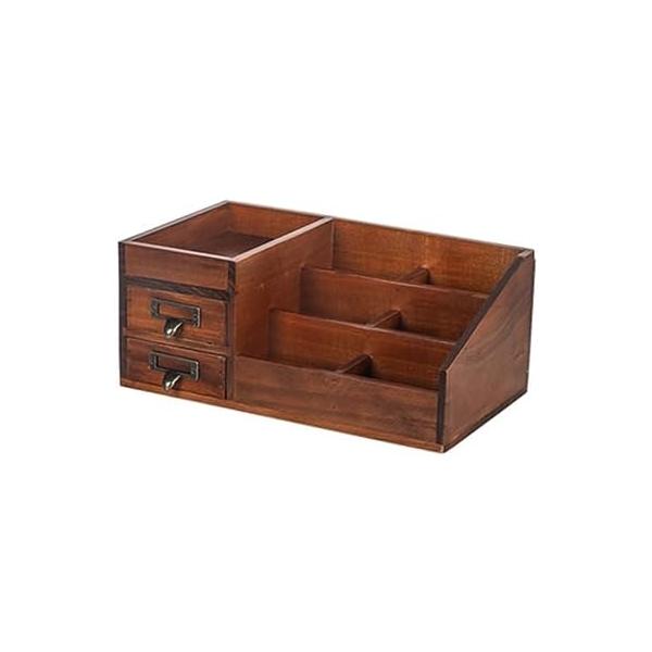 卓上で使用できる木製の引き出し付き収納ボックスです。化粧品や文房具などの小物を整理して収納できます。素材は厚みのあるソリッドウッドで、滑らかな表面仕上げです。サイズは約34.4×19.3×14.2cmです。アンティーク風のデザインで、積み重...