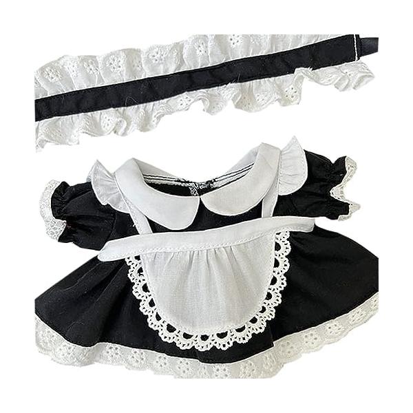 20cmの綿人形に合わせたメイド服の3点セットです。ヘッドギア、ドレス、エプロンが含まれ、キャラクターの着せ替えを楽しめます。素材はポリエステルと綿の混紡です。シンプルなブラックカラーで、様々なシーンでの使用が可能です。サイズは手作業のため...
