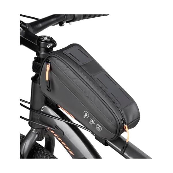 自転車のトップチューブやフレームに装着できる多機能バッグです。大容量でスマホや工具類を収納し、撥水加工と反射材付きです。トップチューブバッグとフレームバッグの2WAYで使用可能です。容量は約1.2Lで内部にメッシュポケットがあります。撥水P...