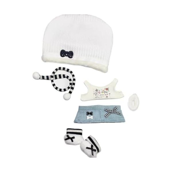 20cmぬいぐるみ用のY2K風デザインの衣装セットです。帽子、タンクトップ、デニムスカート、靴、ブレスレット2点、マフラーの全7点が揃っています。ポリエステルや綿混素材を使用し、20cmサイズのぬいぐるみに合わせた設計です。掲載画像のぬいぐ...