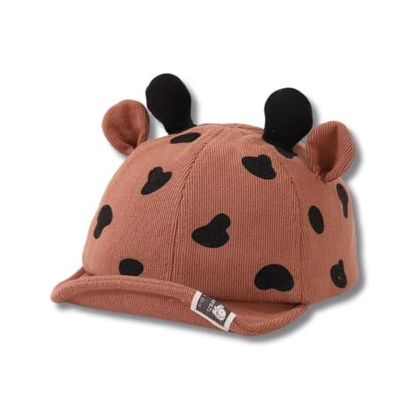 耳付きのきりんデザインが特徴のキッズ用ベビーキャップです。日よけと紫外線対策に適しています。後部のマジックテープでサイズ調整が可能です。素材はポリエステルで通気性があります。頭周りのサイズは約48cmから50cmです。サイズは手作業のため誤...