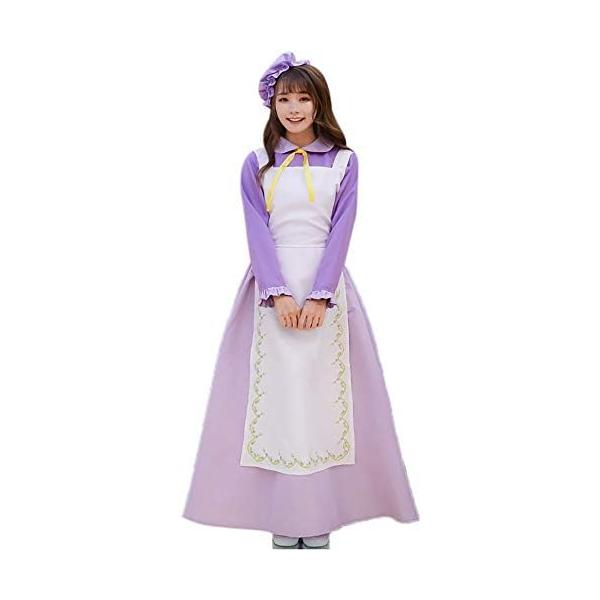 美女と野獣のポット夫人をイメージしたメイドコスプレ衣装の4点セットです。紫パープルラベンダーのカラーで、ワンピース、エプロン、帽子、リボンがセットになっています。素材はポリエステルです。MサイズとXLサイズの2サイズ展開です。サイズは手作業...