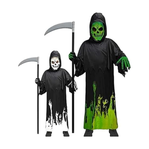 死神をモチーフにしたキッズ向けコスチュームセットです。夜光加工が施されたマントと鎌が付属し、ハロウィンや各種イベントでの仮装にご利用いただけます。マントや手袋には夜光塗料が使用されています。セットにはマスク、鎌、骨柄手袋が含まれます。素材は...