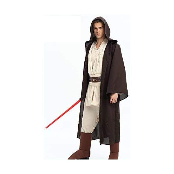 スターウォーズのジェダイをイメージした大人男性向けのコスプレ衣装フルセットです。トップス、ズボン、ベルト、ローブの4点がセットになっています。素材は伸縮性のあるポリエステルで、フリーサイズ(身長目安165~180cm)に対応しています。ロー...