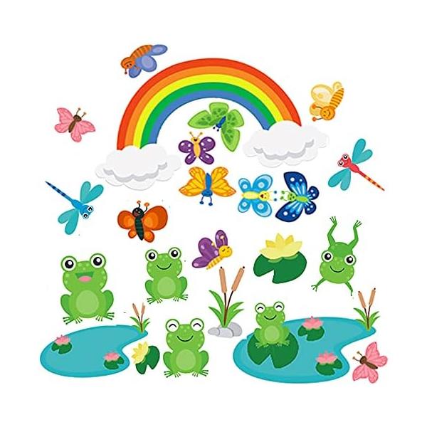 カエルやバタフライ、レインボーデザインのウォールデカールです。剥がして貼れるため、子供部屋や保育園の装飾に便利です。PVC素材で耐水性・耐久性に優れています。サイズは各シート約25.4cm×35.6cmです。壁や窓、鏡などに貼り付けられます...