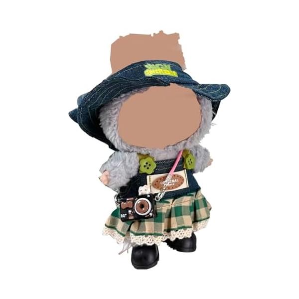 ラブブ17cm専用のデニムスカートスーツ4点セットです。おしゃれなデザインで着せ替えを楽しめます。スカート、帽子、カメラ、靴の4点がセットになっています。素材は綿100%のデニムです。ラブブ17cmに合わせたサイズです。サイズは手作業のため...