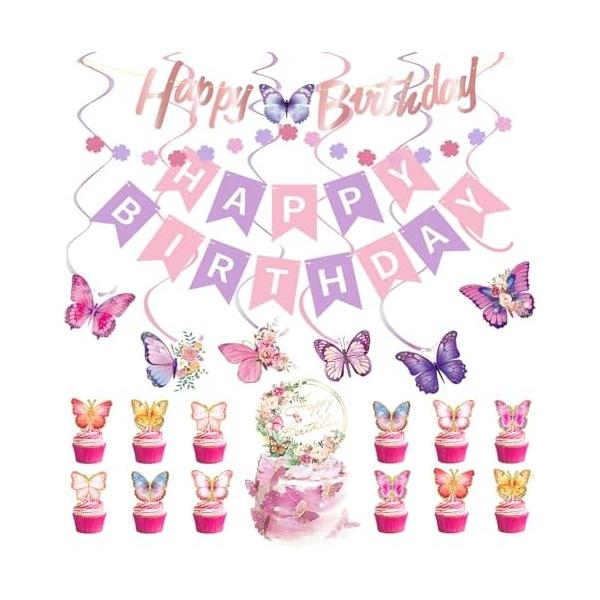 バタフライをテーマにしたパープルとピンクの誕生日パーティー用デコレーションセットです。ハッピーバースデーバナー、フラワーバナー、ハンギングスワール、大小のケーキトッパーが含まれます。高品質な紙製で、鮮やかな印刷です。バナーは穴に紐を通し、ケ...