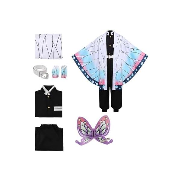 アニメ劇場版「蟲柱胡蝶しのぶ」をイメージしたコスプレ衣装の6点セットです。子供用・大人用に対応しています。セット内容は羽織、上着、ズボン、ベルト、足カバー、髪飾りの6点です。素材はポリエステルと綿を使用しています。ハロウィンやイベント、コス...