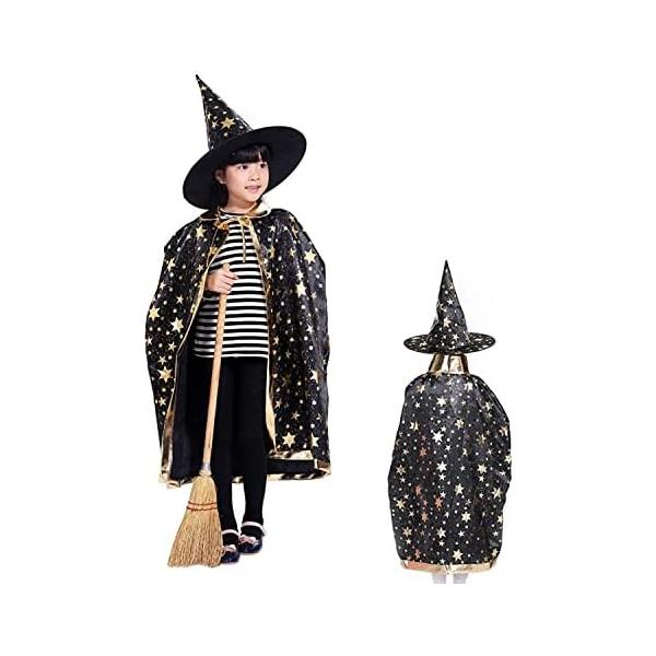 ハロウィンや学園祭などのイベントで使える、子供向けのマントと帽子のセットです。ポリエステル素材で柔らかく肌触りが良く、動きやすい作りです。マント丈は約80cm、帽子の高さは約35cmで、身長105cmから155cm程度が目安です。ハロウィン...