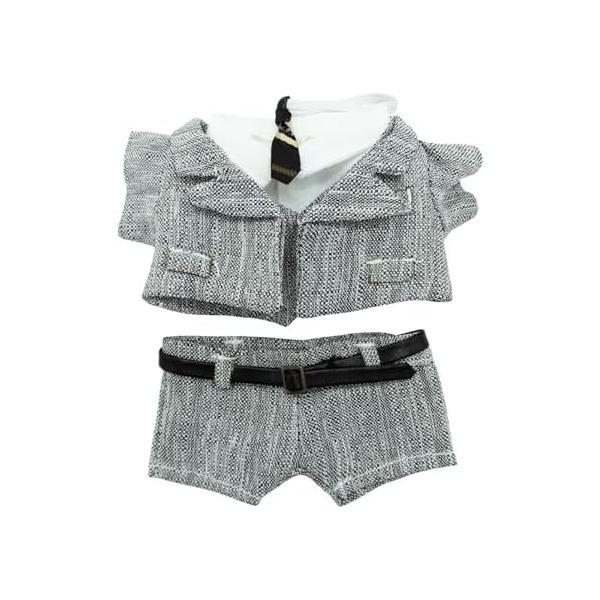 15cmサイズのぬいぐるみ用の服飾6点セットです。シンプルでおしゃれなデザインで、ぬいぐるみの着せ替えを楽しめます。シャツ、ズボン、ベスト、ネクタイ、ベルトの6点がセットになっています。素材は綿混とポリエステルを使用しています。マジックテー...