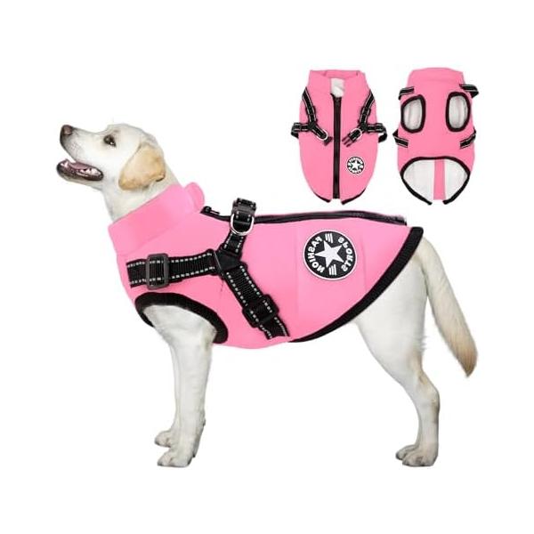 冬の散歩やお出かけに適した、防水・防寒機能を持つペット用コートです。ハーネスが一体型で、背中のファスナー開閉により着脱が簡単です。表面は防水・撥水加工、内側は綿の裏起毛で暖かく保ちます。反射素材を備え、夜間の視認性を高めます。Sから5XLま...