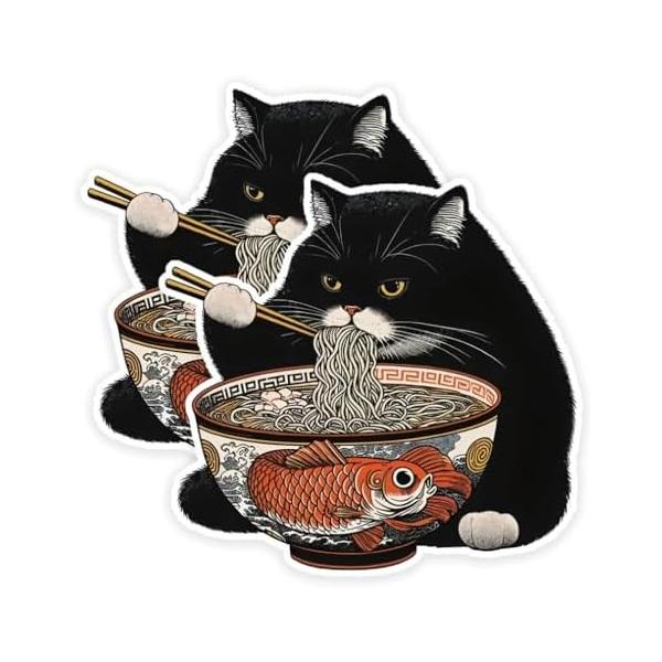 黒猫がラーメンを食べるデザインの防水ビニールステッカーです。2枚入りで、さまざまな場所に貼ってお使いいただけます。高品質ビニールを使用した防水・耐候性仕様で、屋外でも長持ちします。裏面の粘着剤で剥がして貼るだけで簡単に設置可能です。サイズは...