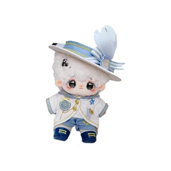 20cmぬいぐるみ用のフォーマルなスーツスタイル衣装5点セットです。帽子、シャツ、パンツ、ジャケット、靴の5点が揃っています。綿混やポリエステル素材を使用し、無属性の20cmぬいぐるみに対応しています。イベントや撮影、ギフトなどにお使いいた...