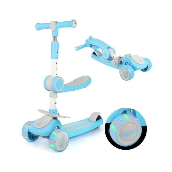 3歳から10歳まで長く使える、シート付きの子供用キックスクーターです。三輪車としても使用可能な2WAY仕様です。太めの3輪と三角構造で安定性に優れています。走行中に光るLEDタイヤを装備し、後輪にはブレーキが付いています。ハンドル高さは4段...