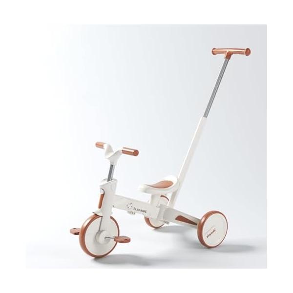 成長に合わせて4通りのスタイルで使える、折りたたみ式のキッズ用三輪車です。三輪車、押し棒付き、ランニングバイク、補助輪付きの4種類の使い方ができます。軽量で折りたたみ可能なため、持ち運びや収納に便利です。着脱可能な押し棒は3段階調節が可能で...