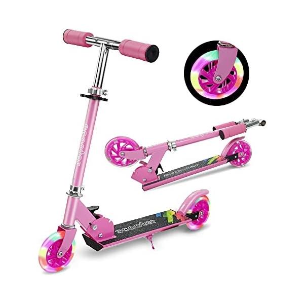 アルミ合金製の子供向け2輪キックボードです。LEDタイヤが光り、4段階で高さ調節が可能な折り畳み式スクーターです。ハンドル高さは65cm、70cm、75cm、80cmの4段階で調整できます。耐荷重は50kgです。スタンドが付属しており、使用...