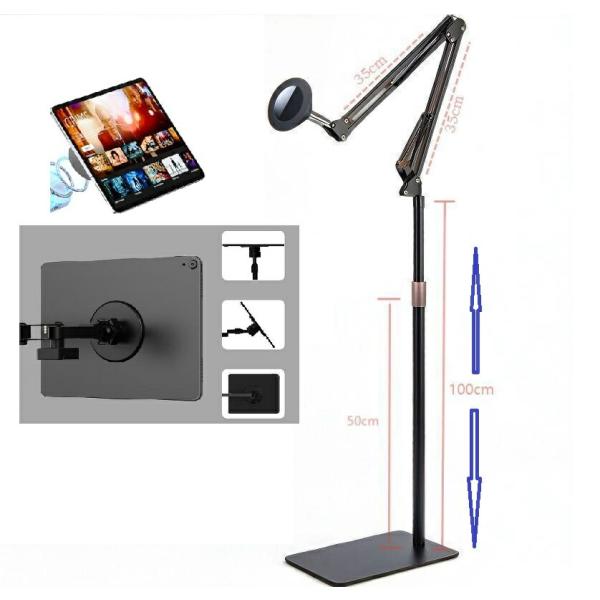 強力磁力と多関節アームを備えた床置き型タブレットスタンドです。強力磁力で大型タブレットも安定保持し、多関節アームで自由な角度に調整できます。高さ調節可能で耐荷重は1kgまで。MagSafe対応iPhoneはそのまま、その他端末は付属メタルプ...