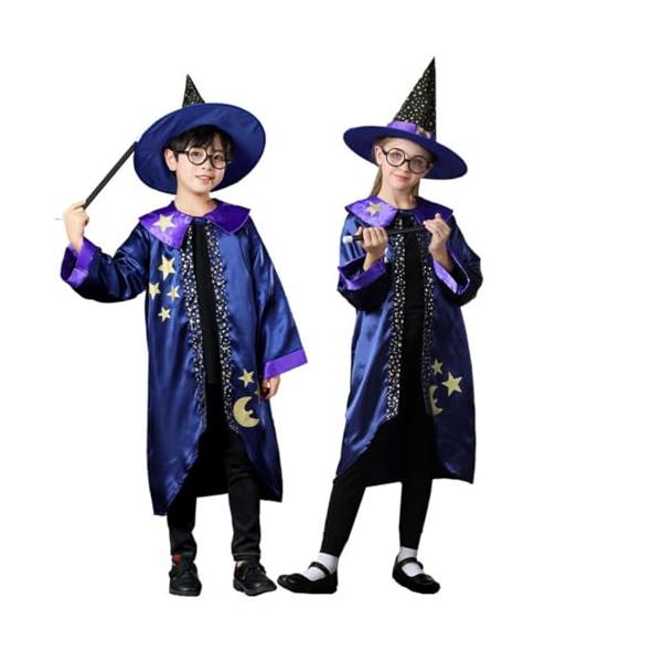 魔法使いのコスプレ衣装4点セットです。ハロウィンやパーティー、イベントなどでお使いいただけます。マント、帽子、メガネ、魔法の杖の4点で構成されています。ポリエステルと綿の素材を使用しています。子供用と大人サイズがあり、男女兼用です。サイズは...