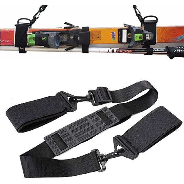 スキー板やスノーボードを肩から掛けて運ぶためのキャリーストラップです。長さが調節可能で、耐荷重は20kgです。EVA素材のクッションが付いています。反射安全ストライプが付いており、夜間の視認性を高めています。抗菌加工が施されています。
