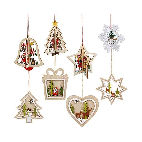 木製の3D立体オーナメントと平面オーナメントの8点セットです。サンタクロースやトナカイ、雪の結晶など、デザインが豊富に揃っています。セット内容は、組み立て式の立体タイプが4種と平面タイプが4種です。各オーナメントには吊り下げ用の紐が付いてい...