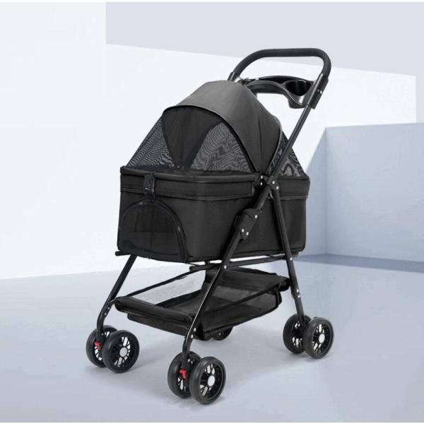 小型犬・中型犬・猫の多頭飼いに対応した4輪のペットカートです。軽量コンパクトで折りたたみ可能な設計です。素材はオックスフォードクロス、カラーはブラックです。前輪は360度回転し、後輪にはブレーキが付いています。飛び出し防止用のリードが2本付...