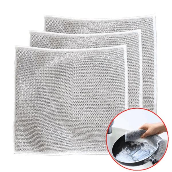 スチールワイヤーを使用した多目的な食器洗い・お掃除用布です。頑固な油汚れや焦げ付きの除去に適しています。素材はマイクロファイバー、サイズは約20cm×20cmです。食器洗いのほか、キッチンのシンクやコンロ周りの掃除にも使用できます。5枚、1...