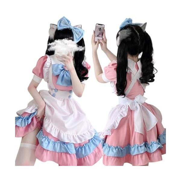 ピンクのロリータ風デザインのメイド服コスプレセットです。ワンピース、エプロン、蝶結び、猫爪、カチューシャの5点で構成されています。素材は綿混紡で、軽やかな着心地です。SからLサイズまで対応しています。サイズは手作業のため誤差が生じる場合があ...