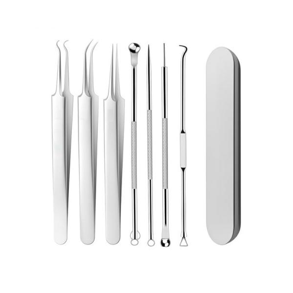 角栓やニキビのケアに特化した8点セットのピンセットです。セット内容は、極細角栓取り用の直型・斜め型・曲がり型ピンセット各1本と、専用ニキビ針4本、収納ケース1個です。高品質ステンレス製で耐腐食性があり、洗浄しても錆びにくい仕様です。直型は広...