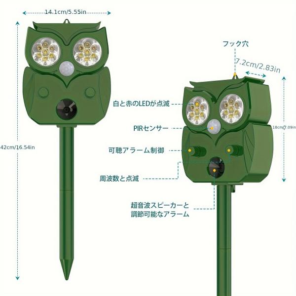 太陽光で充電するソーラー式の動物よけです。サウンドウェーブと点滅ライトで、猫や犬、リス、ネズミ、スカンク、アライグマ、鹿などを遠ざけます。防水設計で屋外での通年使用が可能です。PIRセンサーで動きを検知し、検知距離は最大12mです。音声周波...